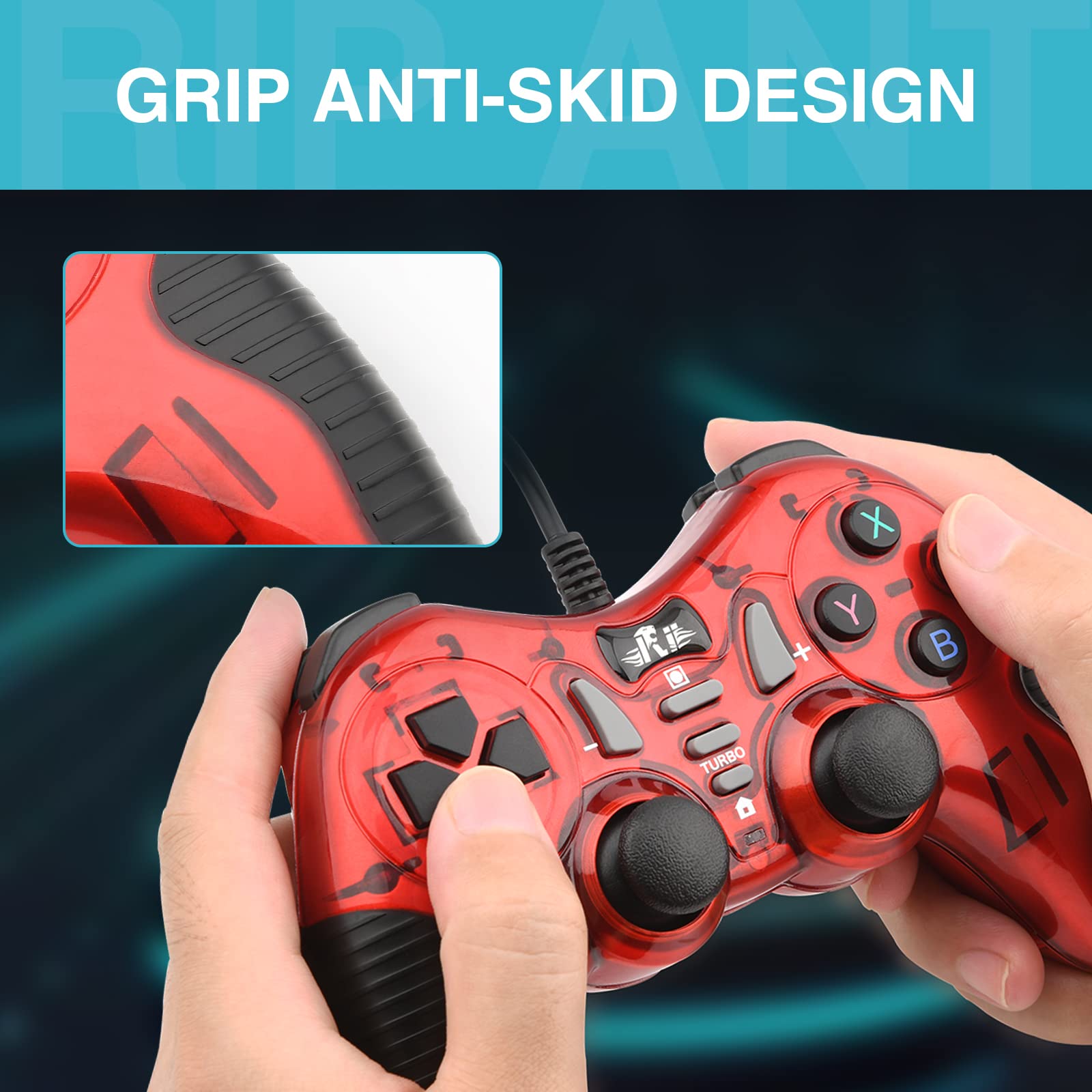 Rii Wired Gaming Controller,Multi-Platform Joystick Controller with Dual-Vibration/Turbo,Compatible for Windows PC/PS3/Android/Steam(Red)