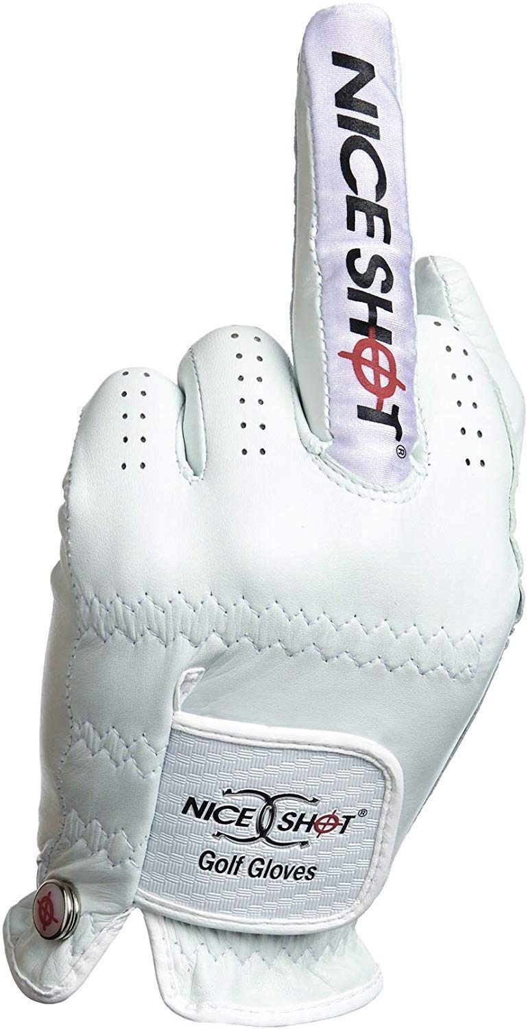 Nice Shot Premium White Cabretta Leather Golf Glove Bundle - The Bird and You are Nothing Pinkie – Men's Left Hand – Medium