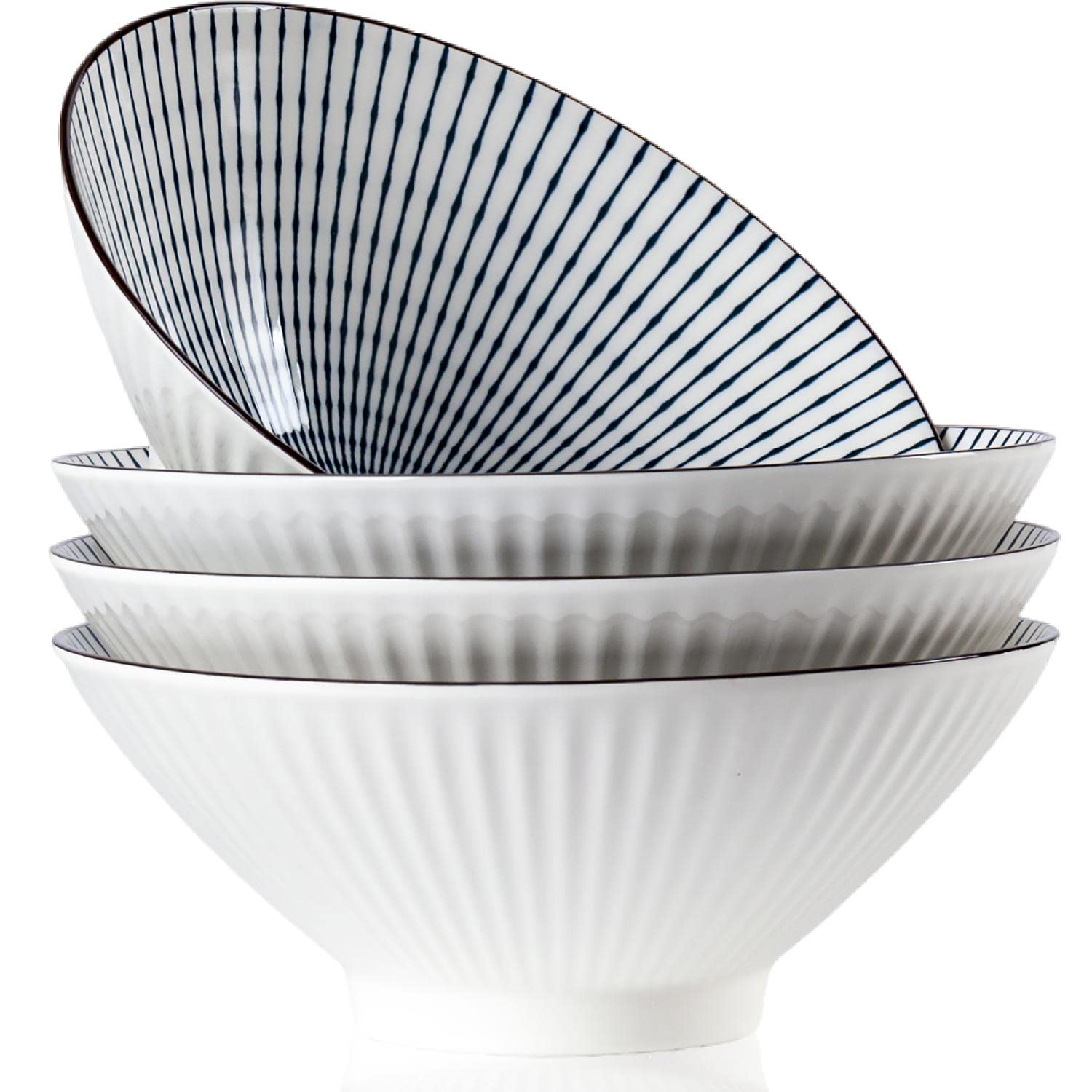 QINLANG 38 oz Japanese Ramen Bowls, Cereal Bowls, Soup Bowls, Pho Bowls, Noodle Bowls, Blue and White Ceramic Bowls Set of 4, 8 inches
