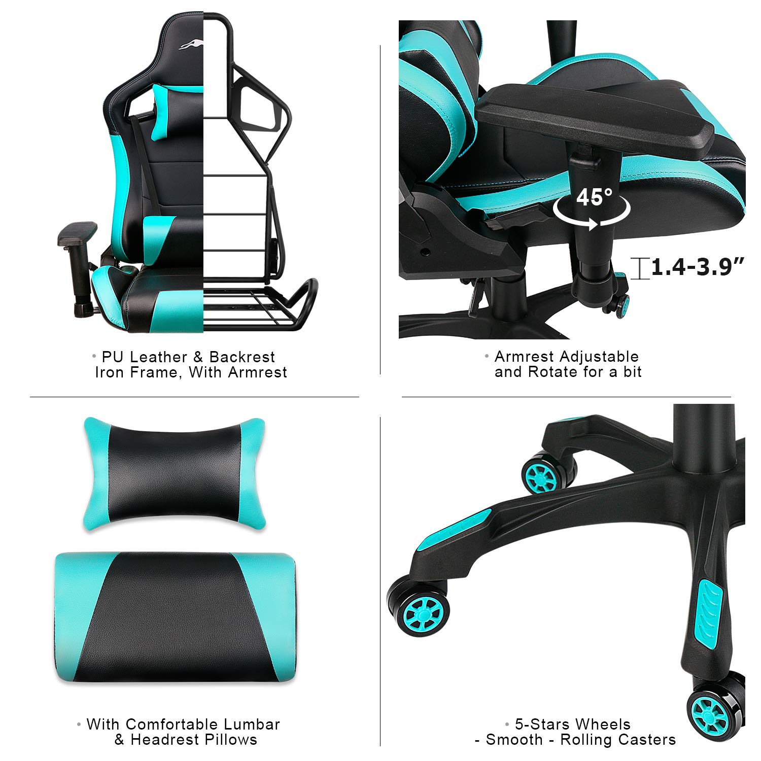 Leopard Gaming Chair, High Back PU Leather Office Chair, Adjustable Video Gaming Chairs, Swivel Racing Chair with Adjustable Armrest (Black/Light Blue)
