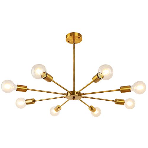 LynPon Gold Sputnik Light Fixture 8 Lights Semi Flush Mount Ceiling Lights Brass Chandelier Industrial Pendant Lighting for Kitchen Dining Living Room Bedroom