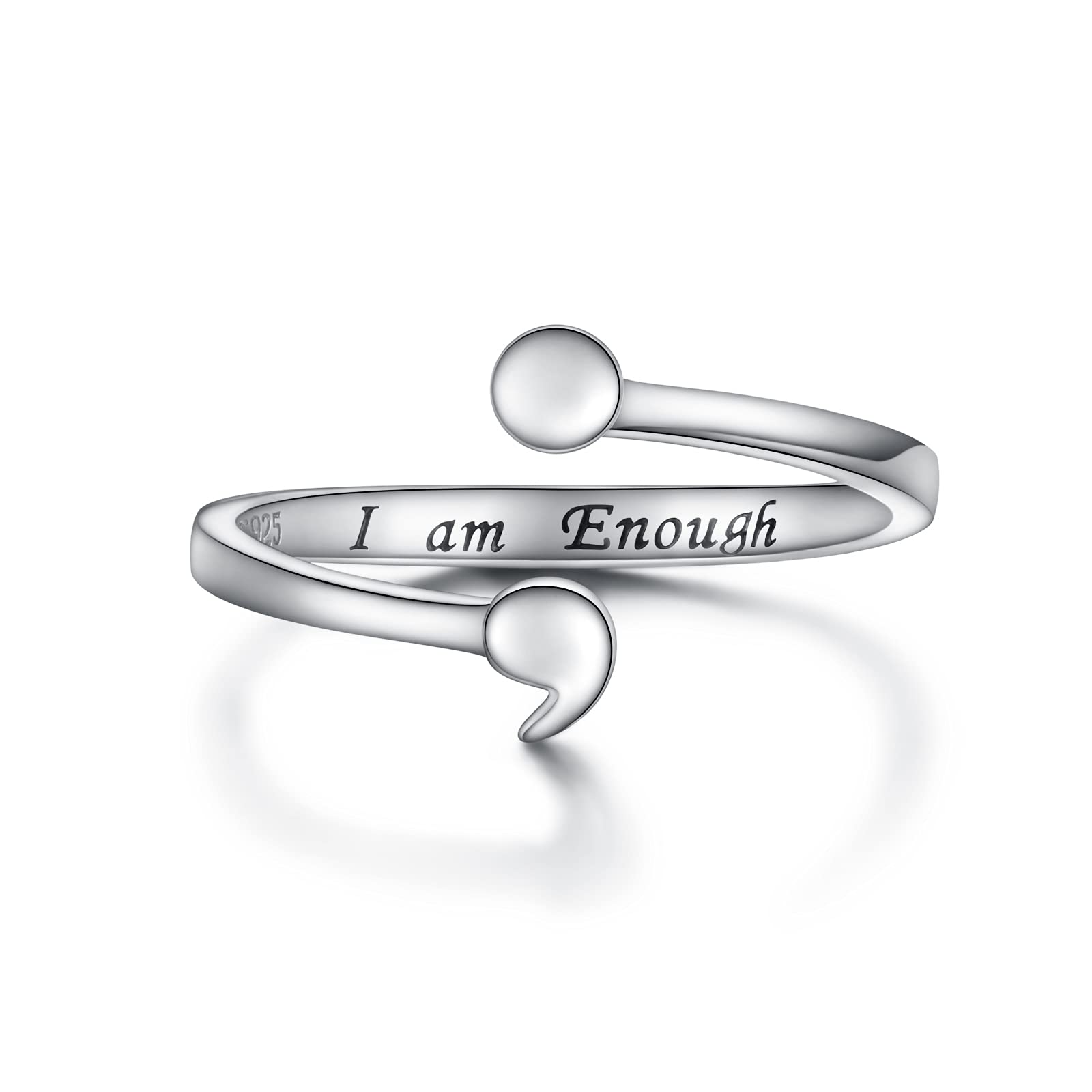 MANBU Sterling Silver Semicolon Ring for Women: I am Enough Keep Going Ring Engraved Inspirational Message Supporting Jewelry Gifts for Daughter Sister (I am enough)