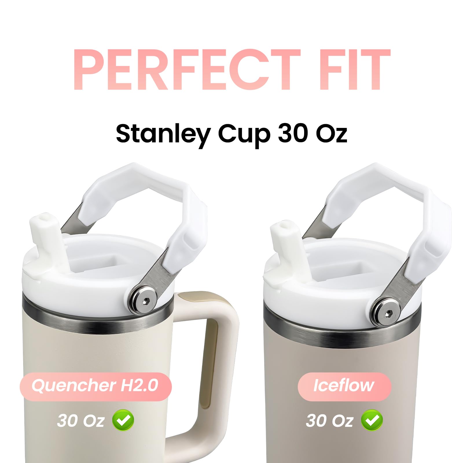 ZOSIX 2PCS Designed for Stanley Cup 30 oz Flip Straw Lid, Leak Proof Lid, Spill Proof Tumbler Lid Cup Lid Replacement for Stanley 30 oz Tumbler with Handle, White