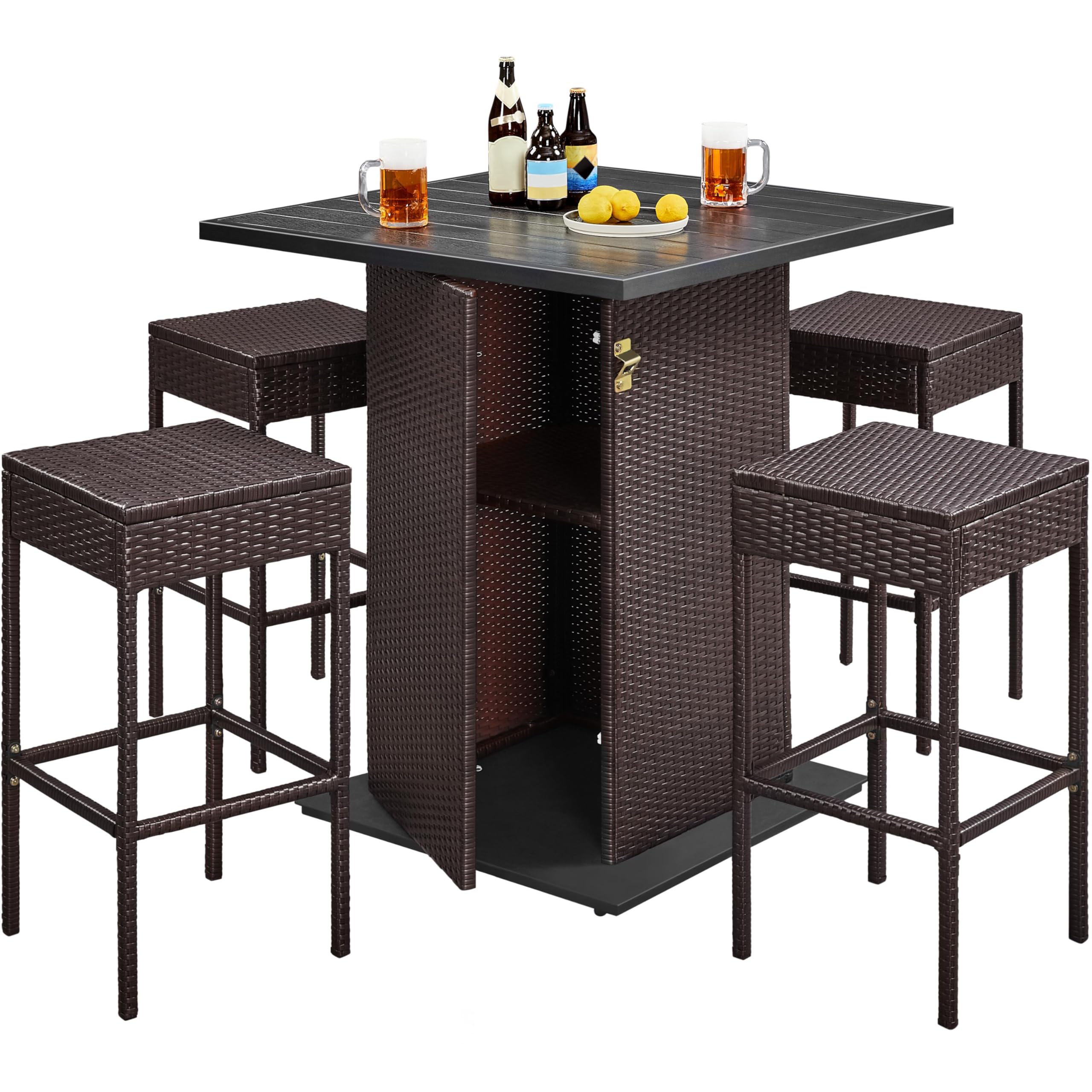Yaheetech 5 Piece Rattan Bar Set, Outdoor Wicker Set 1 Bistro Table & 4 Stools - PE Patio Rattan Table w/Closed Storage Cabinet & Built-in Bottle Opener, and 4 Square PE Rattan Bar Stools