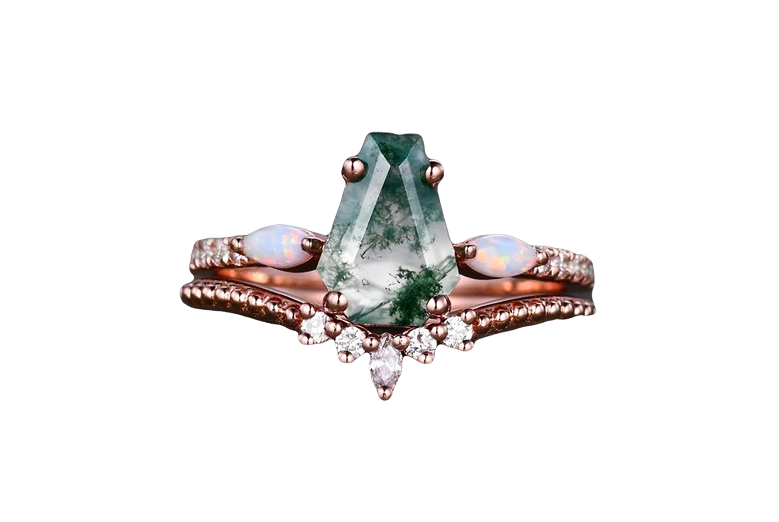 Ring For Women Coffin Shaped Green Moss Agate Ring Set, Wedding Promise Ring Opal Moss Agate Bridal Ring BY DREAMSOFDAZZLE (Rose Gold Overlay)