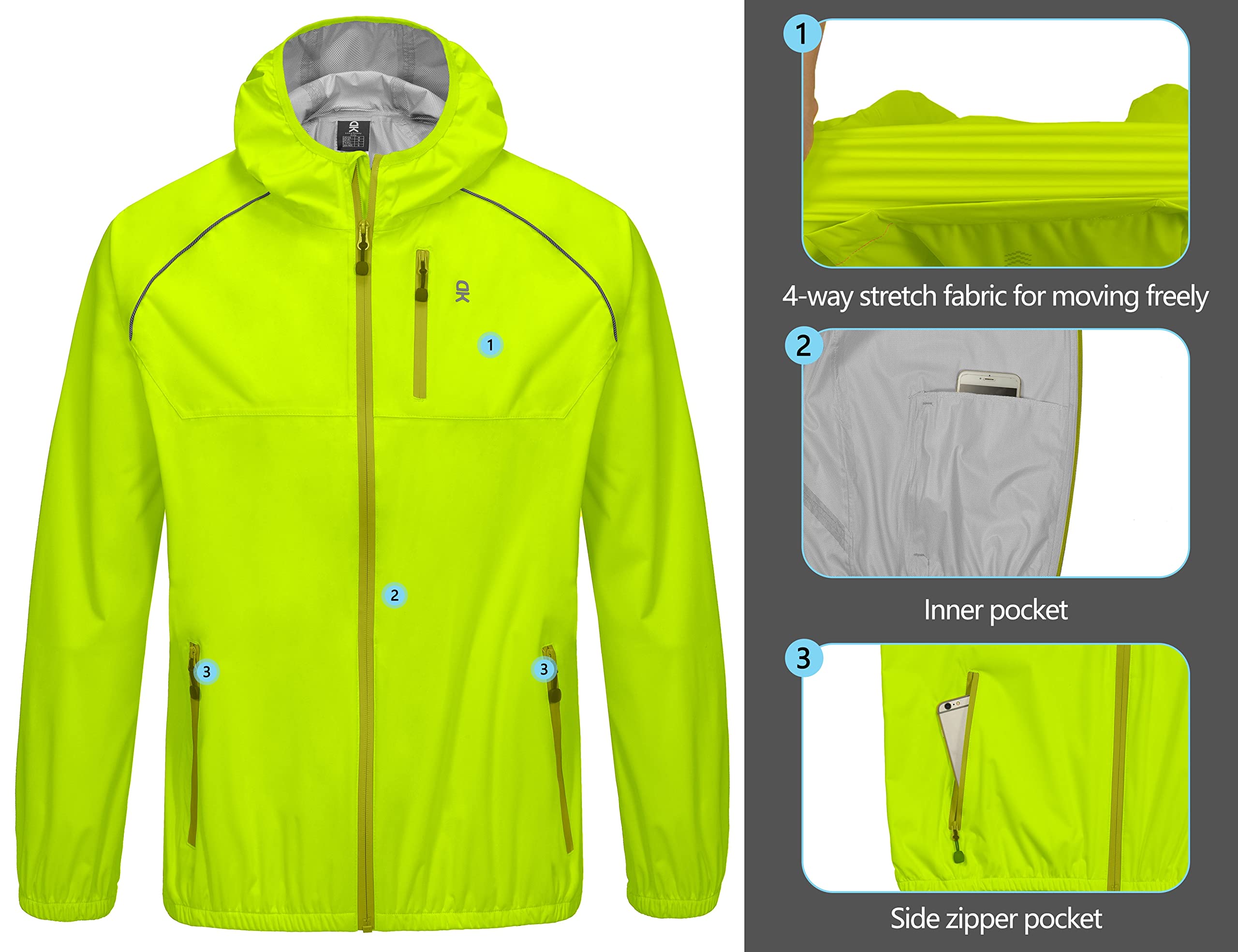 Little Donkey Andy Men's Cycling Stretch Rain Jacket with Hood, Windproof and Waterproof, Ultralight Golf Windbreaker,Packable Size XL