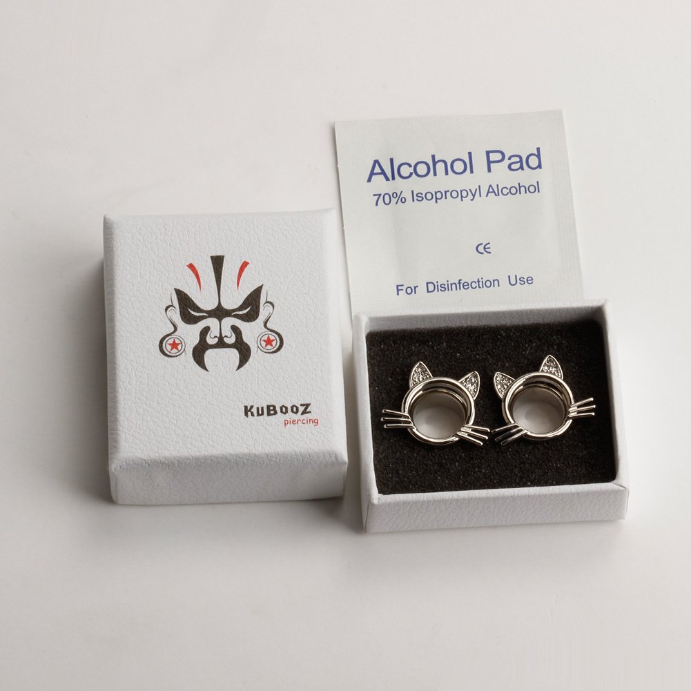KUBOOZ(1 Pair Cute Slivery Kitten Ear Plugs Tunnels Gauges Stretcher Piercings