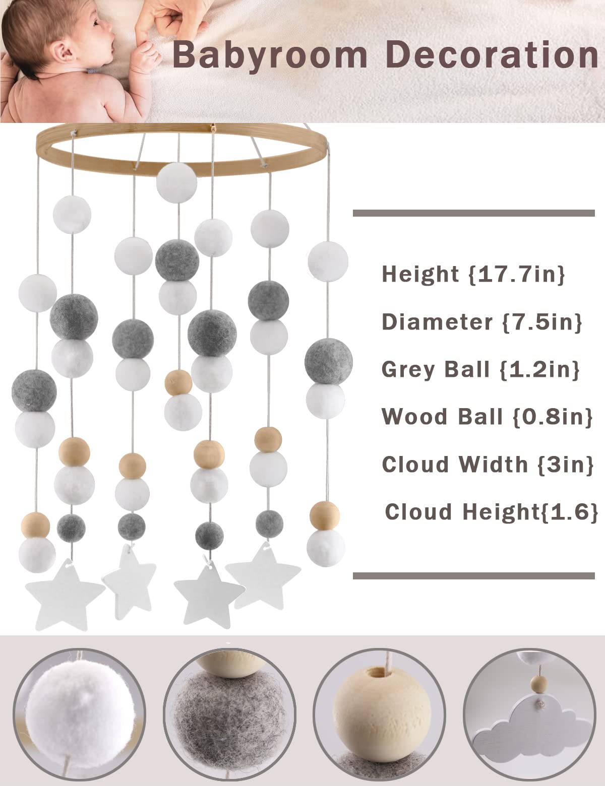 SUPICKET Wooden Bead Bed Felt Baby Ceiling Mobiles Infant Nursing Accessories Nurse (Circel- Pink Cloud)