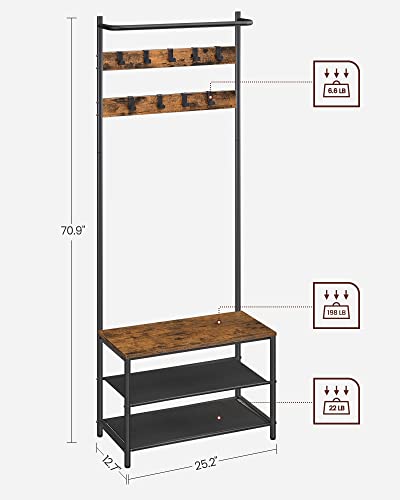 VASAGLE Hall Tree with Bench and Shoe Storage, Entryway Bench with Coat Rack Stand and Shoe Rack, 9 Removable Hooks, Top Bar, Fabric Shelves, Industrial, Rustic Brown and Black UHSR411B01