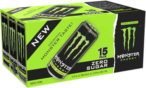 Monster Energy Zero Sugar, Green, Original, Low Calorie Energy Drink, 16 Fl Oz (Pack of 15)