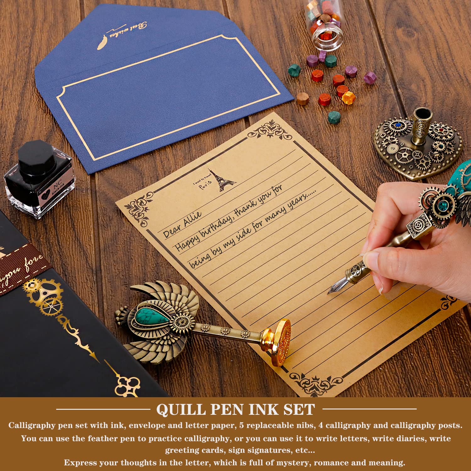 NC Quill Pen and Ink Set, Feather Pen Ink Set, Wax Seal Stamp Set, Feather Calligraphy Pen Set, Valentine’s Day Gift for Writing Lovers Birthday Gift, Holiday Ideal Gift (Green)