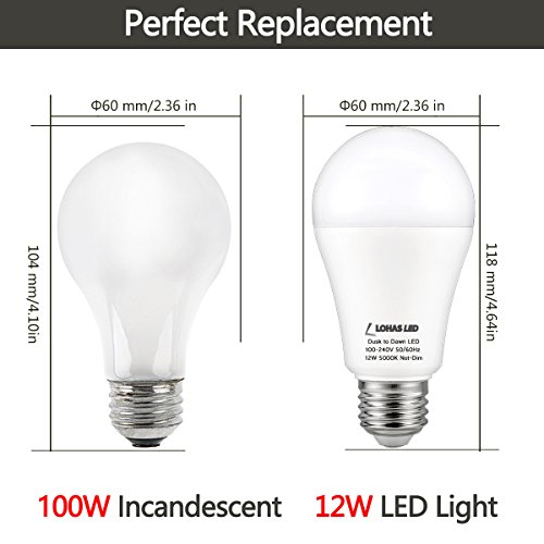LOHAS Dusk to Dawn LED Outdoor Lighting, 12W(100Watt Equivalent) Smart Sensor Light Bulbs Daylight 5000K, A19 LED Bulb E26 Automatic On/Off Security Yard Lights, Perfect for Porch Garage Patio, 2 Pack