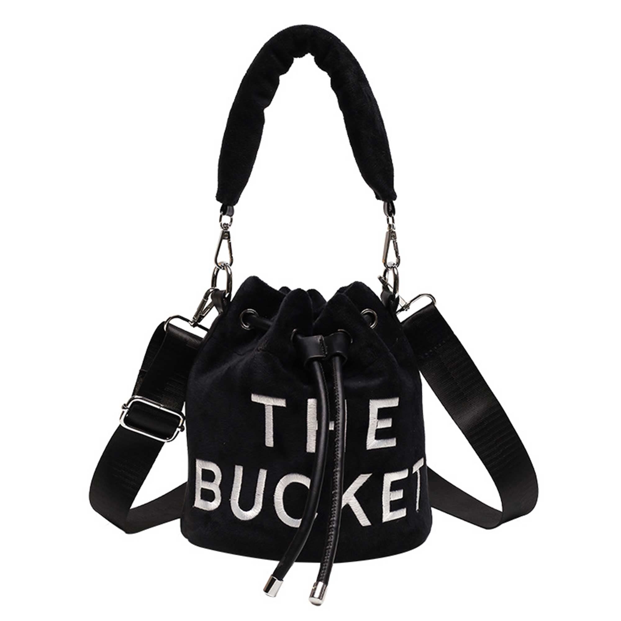 Qiayime Bucket Bag for Women, Mini Shoulder Bag Purses Soft Plush Top-Handle Crossbody Bucket Bag Drawstring Handbag Hobo Bag (Black)