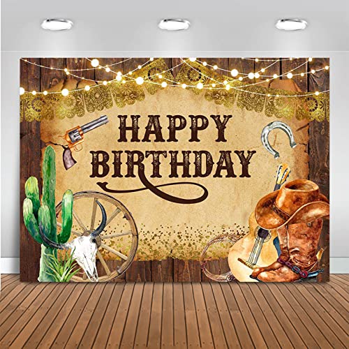 Mocsicka Western Cowboy Happy Birthday Backdrop Rustic Old West Rodeo Cowboy Background Brown Rustic Wood Kids Birthday Party Decoration Banner Cowboy Party Decorations (7x5ft (82x60 inch))