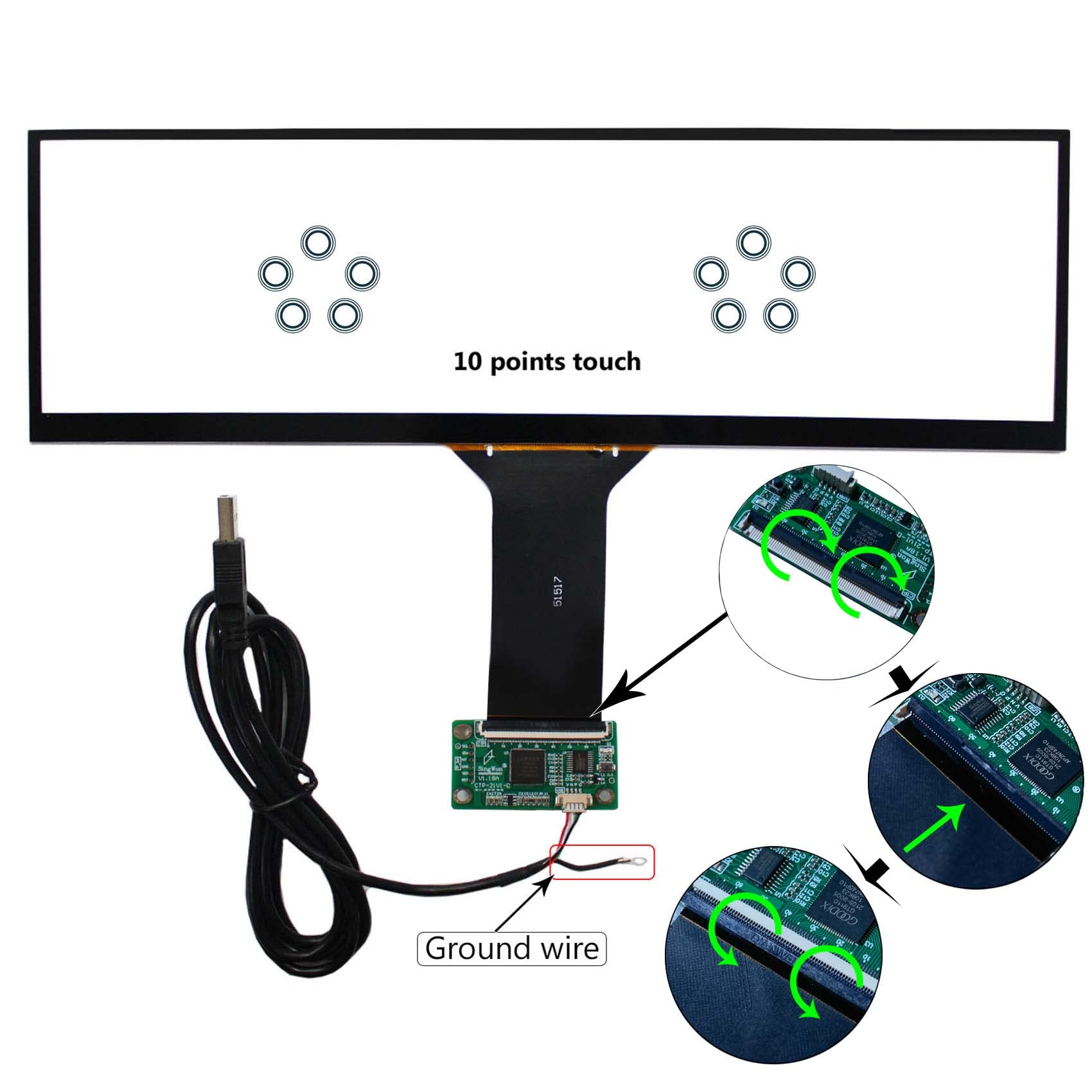 VSDISPLAY 12.6'' Capacitive Touch Sensor Panel with USB Controller for 12.6 Inch 1920x515 NV126B5M-N41 IPS LCD Screen(Screen NOT Included),Support 10 Point Multi Touch