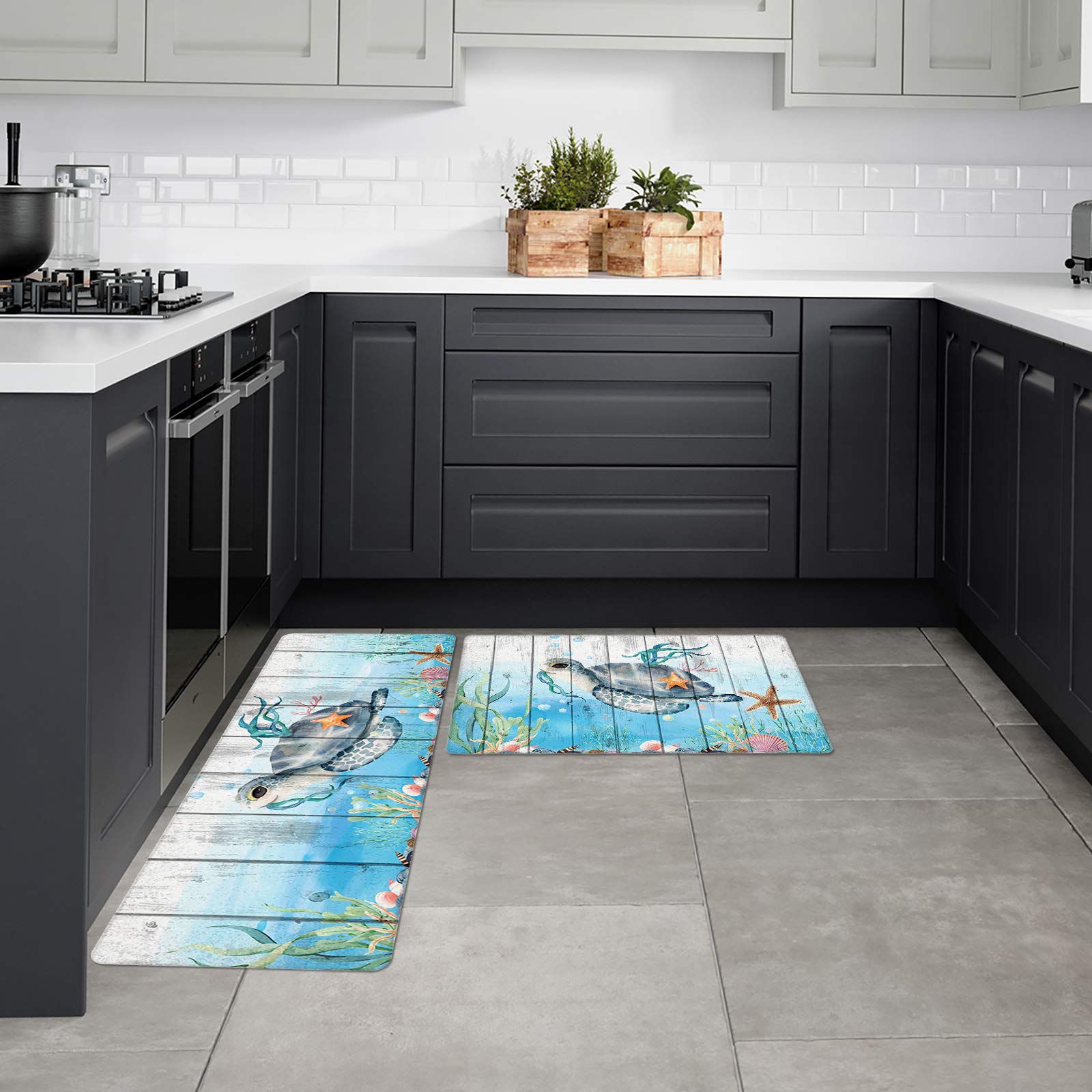 Possta Decor 2 Piece Kitchen Mats Nautical Turtles Starfish Seaweed Shells,Non Slip Doormats Area Runner Rug Set,Blue Ocean Farm Retro Plank Super Soft Comfort Standing Mat for Bedroom Living Room