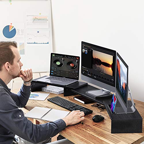 LORYERGO Triple Monitor Stand, 52 Inch Long Large Monitor Riser with 2 Slots for Phone & Tablet, Length and Angle Adjustable Computer Stand, Desktop Stand for Computer, Screen, Tablet, Printer