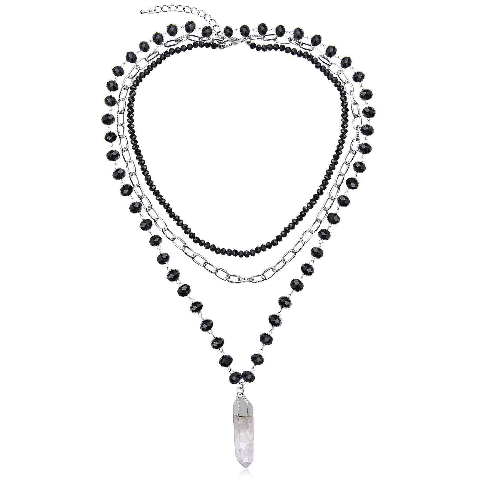 NW Grunge Necklace Gothic Punk Cross Rosary Black Beaded Crystal Goth Statement Emo Multi Layered Choker Necklace for Women
