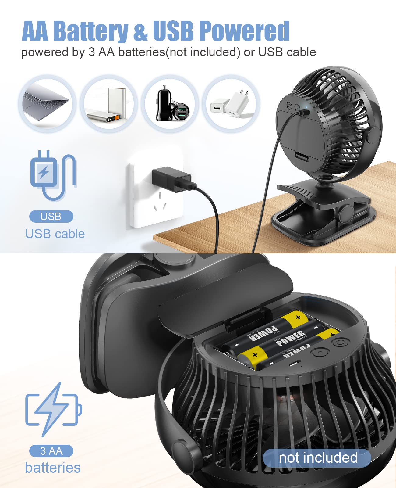 LEMOISTAR AA Battery Operated Clip on Fan, Stroller Fans, USB Powered Portable Desk Fan 4 Speeds Personal Golf Cart, Small Table Fan, Wireless, for Camping Hurricane Office Bed-Black