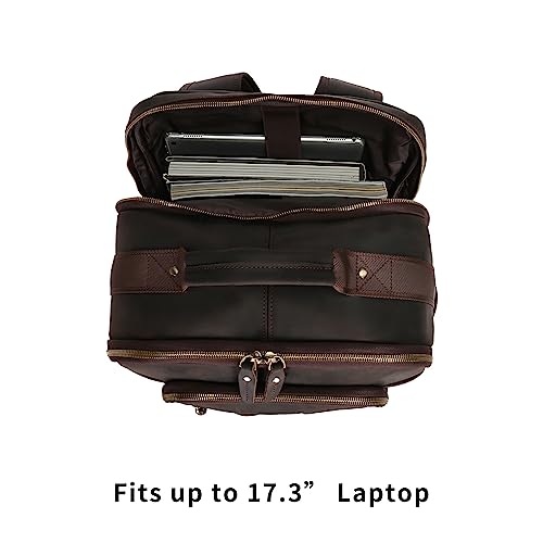 ZHYOL Mens Full Grain Genuine Leather 17.3" Laptop Backpack with USB Charging Port Multi Pockets Business Weekender Hiking Shoulder Daypacks Travel Laptop Bag for Men