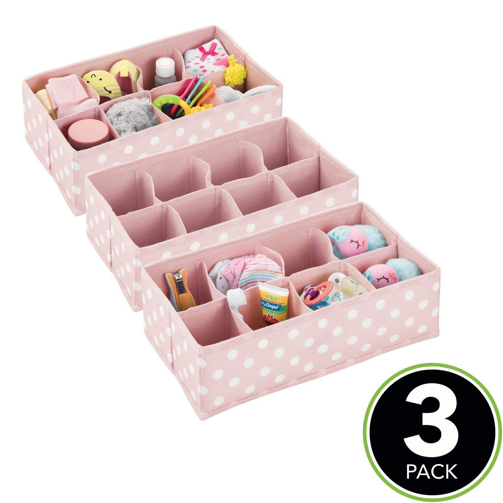 mDesign Fabric 8-Section Divider Drawer Organizer Bin for Baby Nursery Dresser, Closet, Shelf, Changing Table Organization, Hold Clothes, Toys, Diapers, Bib, Blanket - 3 Pack, Pink/White Polka Dot