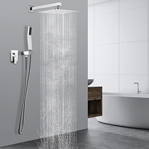 Shower Faucet Set,Rain Shower System with 10 Inch Shower Head and Handheld Wall Mounted,High Pressure Rainfall Shower Faucet Fixture Combo Set,Shower Faucet Set with Valve and trim, Brushed Nickel