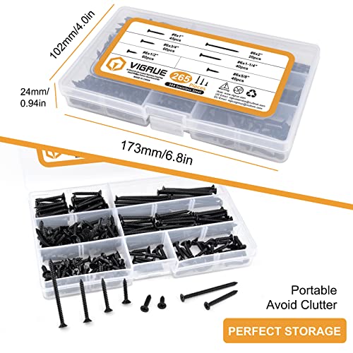 VIGRUE 265 Pcs #6 Wood Screws Black Oxide Coated Stainless Steel Flat Head Phillips Drywall Screw Assortment Kit, Self Tapping Screws Kit