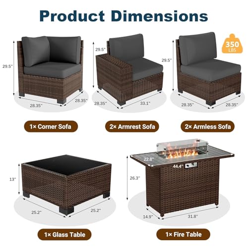 VONZOY Patio Furniture Set with Fire Pit Table, 7 Piece Outdoor Sectional Conversation Sets Wicker Rattan Sectional Sofa with Coffee Table for Patio Garden Backyard, 4'' Thickened Cushion Dark Grey