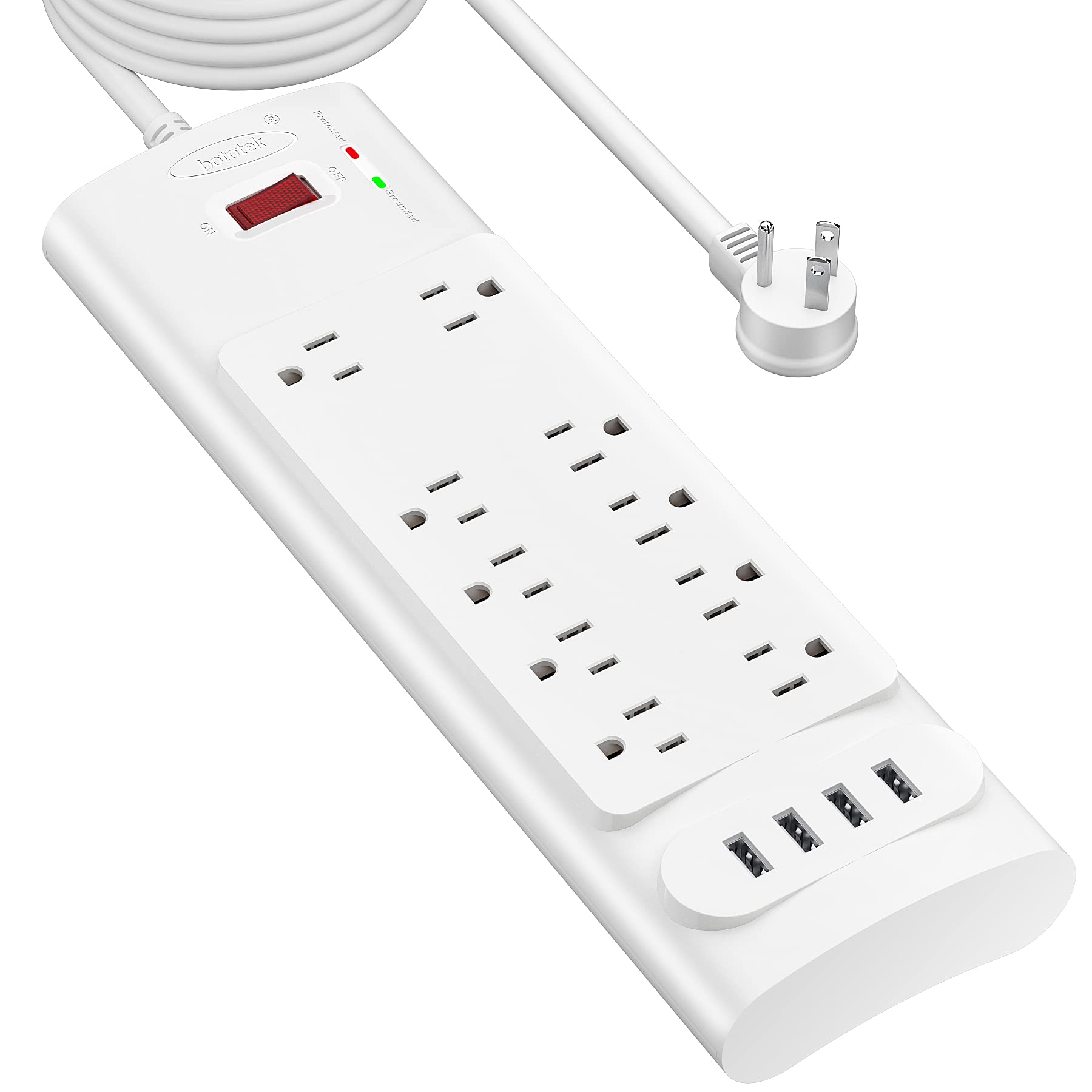 Power Strip, Bototek Surge Protector with 10 AC Outlets and 4 USB Ports,1875W/15A, 2100 Joules, 10 Feet Long Extension Cord for Home, Office, Dorm Essentials, 2100 Joules, ETL Listed- White
