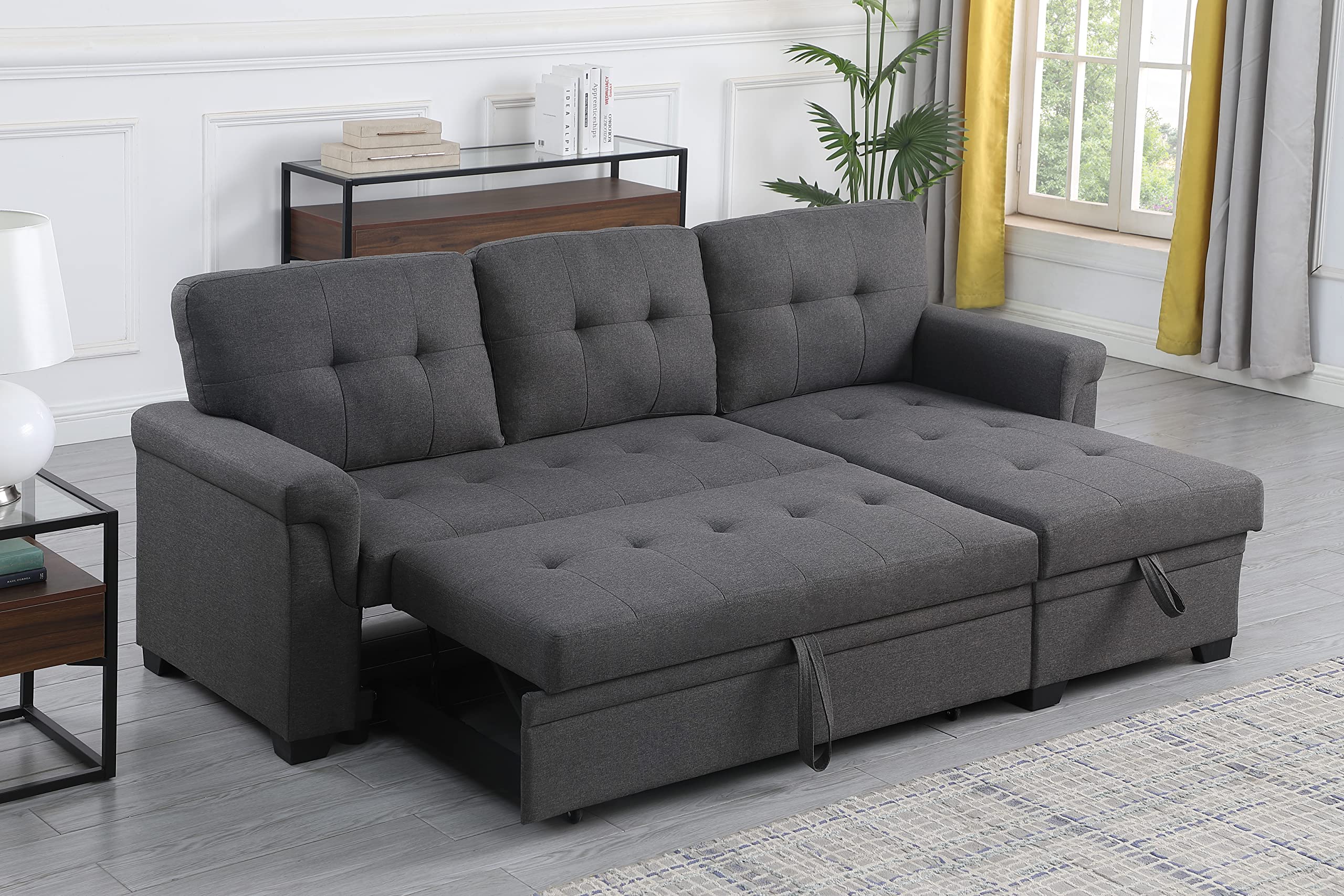 L-Shape Convertible Sleeper Sectional Sofa with Storage Chaise and Pull-Out Bed, Linen Upholstered Reversible Corner 3 Person Couch, for Living Room, Apartment, 84, Dark Gray-4