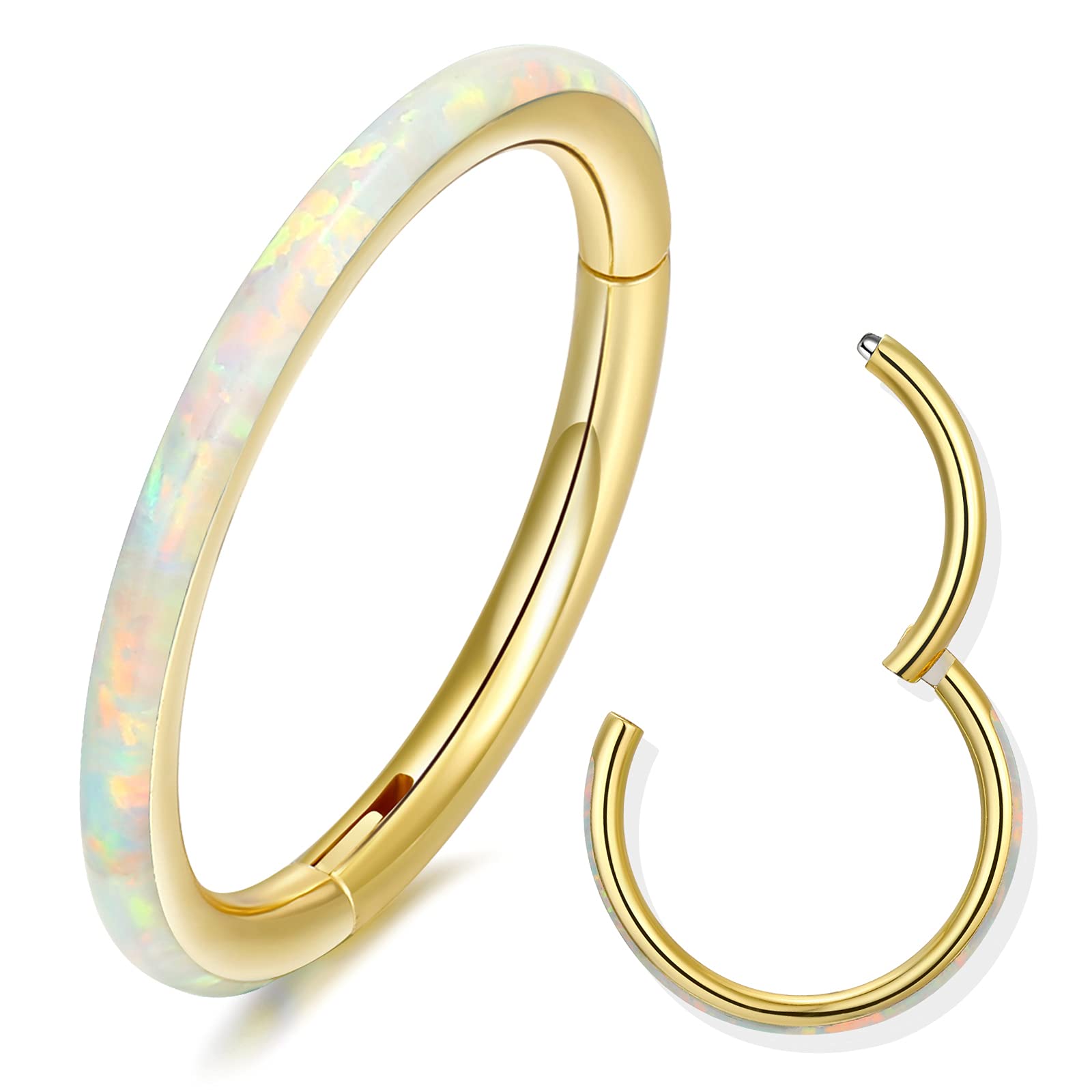 MIFANS Nose Ring Hoop, Lip Septum Cartilage Helix Tragus Conch Rook Daith Lobe Hoop Earrings Body Piercing Jewelry with White Opal 16G Diameter 8mm 10mm, Small Gold Hoop Earrings for Women Men
