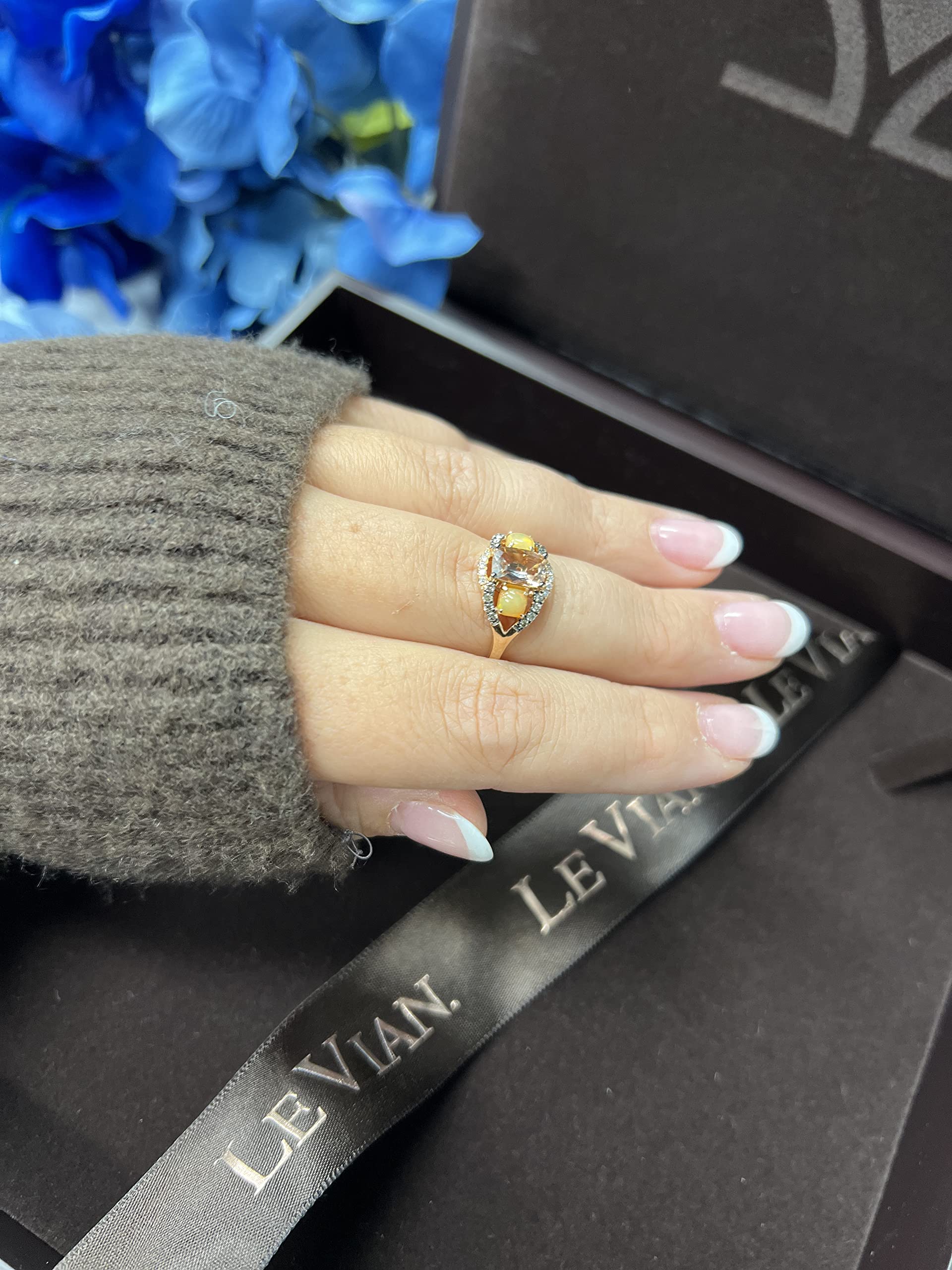 LE VIAN 1/6 Carat Diamond, Morganite and Opal Split Shank Ring for Women in 14k Rose Gold (Fancy Brown/G-H, VS2-SI2, cttw) Triple Stone Promise Anniversary Ring Size 7
