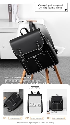 LessMore Backpack Men's PU Leather Business Backpack Travel Backpack Daypack 16” Laptop Backpack, Large Capacity and Multifunctional Rucksack for Men and Women, Black
