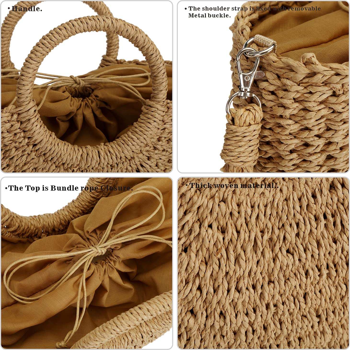 So'each Women's Handmade Rattan Large Size Straw Tote Shoulder Bag Khaki