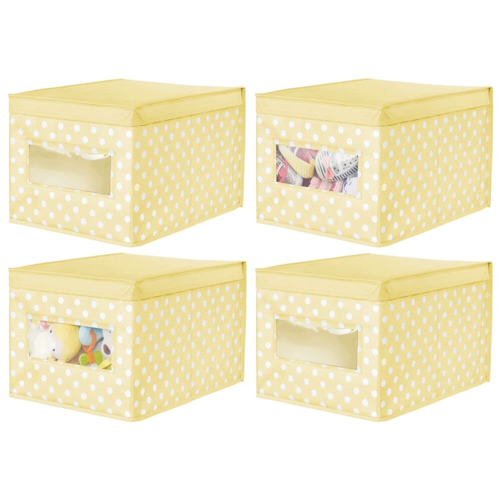mDesign Large Soft Stackable Fabric Baby Nursery Storage Organizer Holder Bin Box with Front Window/Lid for Child/Kids Bedroom, Playroom, Classroom, Lido Collection, 4 Pack, Lt Yellow/White Polka Dot