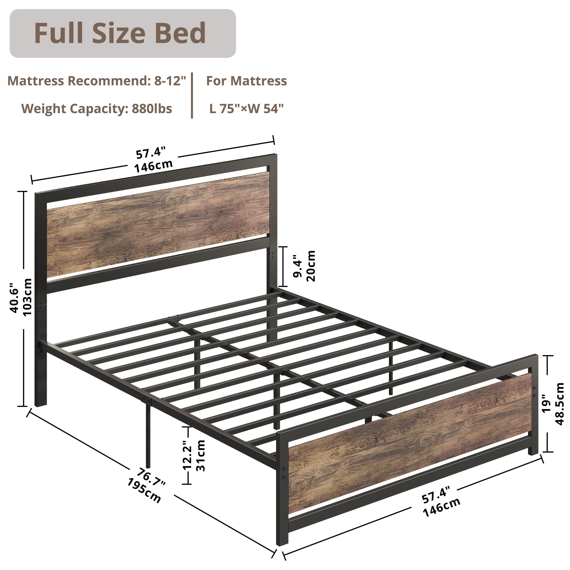 LIKIMIO Full Bed Frame with Headboard and Footboard, Metal Strong Supports, Easy Assembly, Noise-Free, No Box Spring Needed, Vintage Brown
