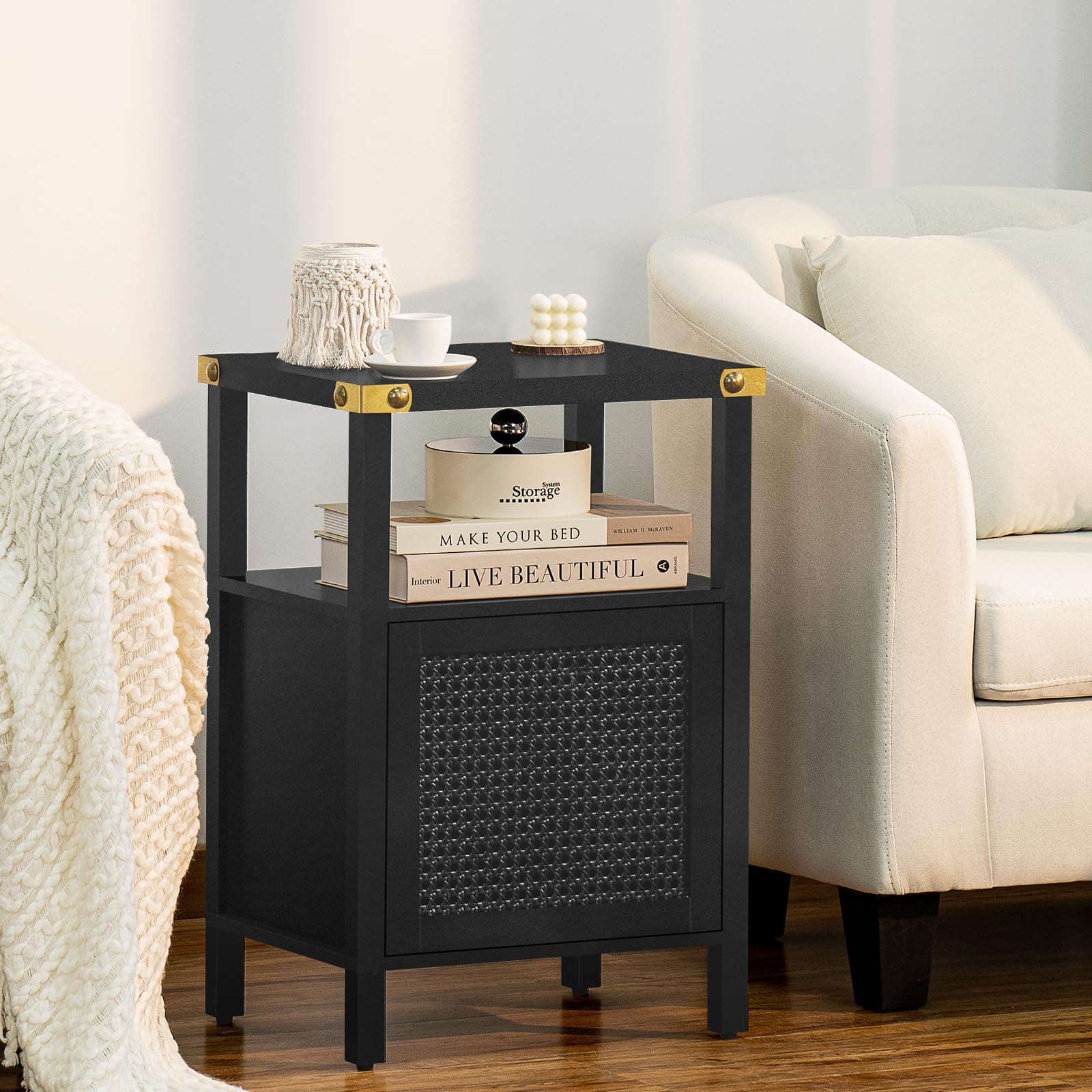 Lerliuo Nightstand Boho Side Table with Rattan Decorated Door, Wood Night Stand with Storage
