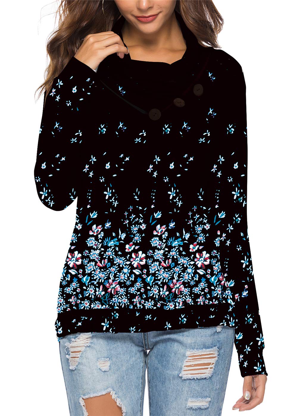 KISSMODA Women's Long Sleeve Solid Tunic Blouses and Tops Cowl Neck Sweatshirts with Button Navy Blue XL