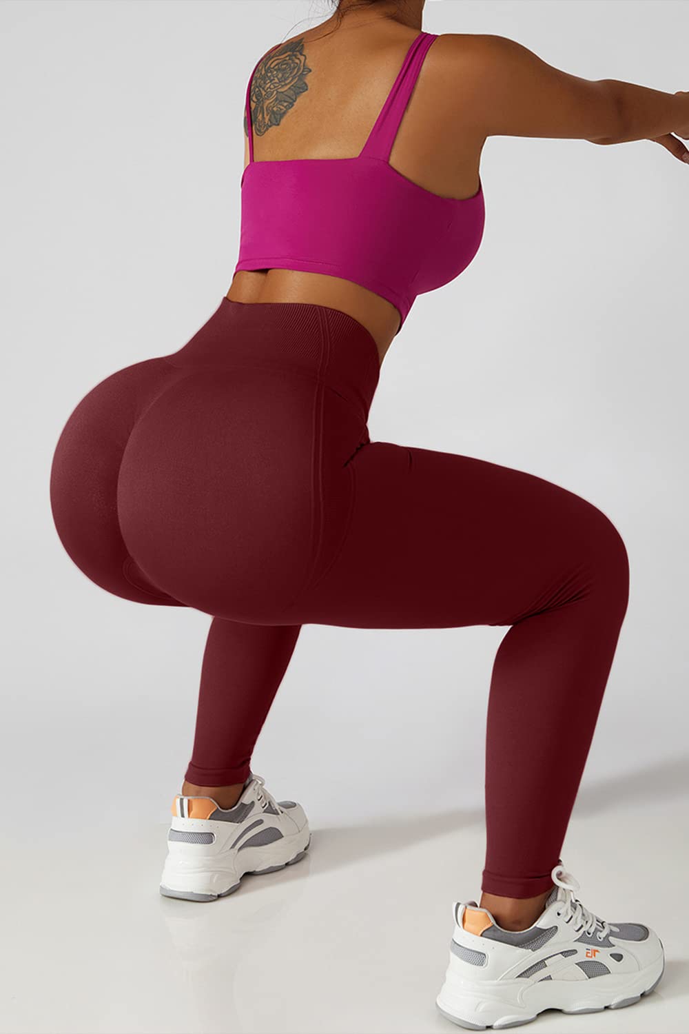 QINSEN Womens's Seamless Workout Pants Tummy Control High Impact Ankle Length Leggings Wine S