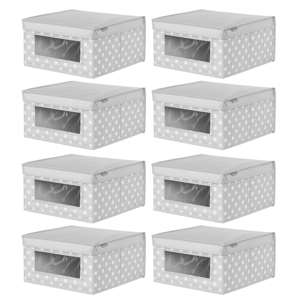 mDesign Medium Soft Stackable Fabric Baby Nursery Storage Organizer Holder Bin Box with Front Window and Lid for Child/Kids Bedroom, Playroom, Classroom, Lido Collection, 8 Pack - Gray/White Polka Dot
