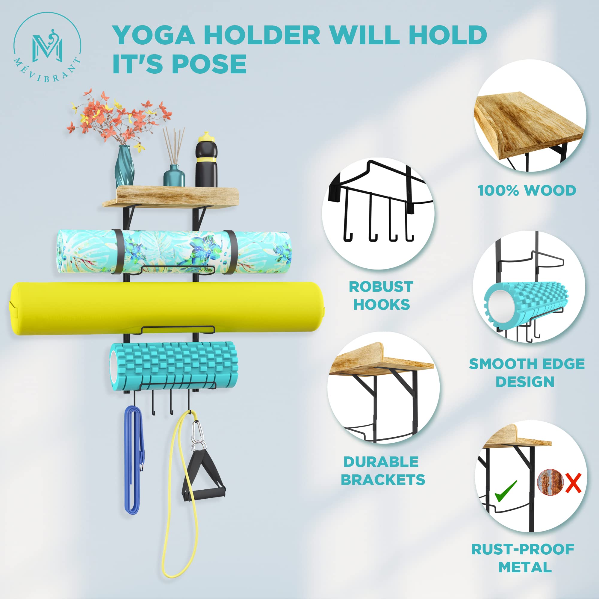 Yoga Mat Holder Wall Mount - 3 Tier Rack and 1 Wood Shelf with 4 Hooks - Ideal Storage Organizer for Home Gym Equipment and Workout Exercise Accessories and Easy to Install