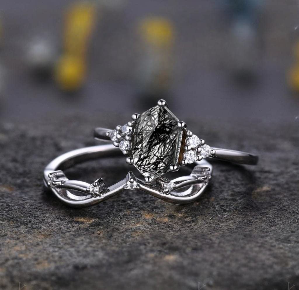 Retro hexagon Black Rutilate Quartz Ring,Vintage Sterling Silver Ring Set,Unique Engagement Ring,Promise Ring,Anniversary Ring Gift For Her (WHITE GOLD, 5)