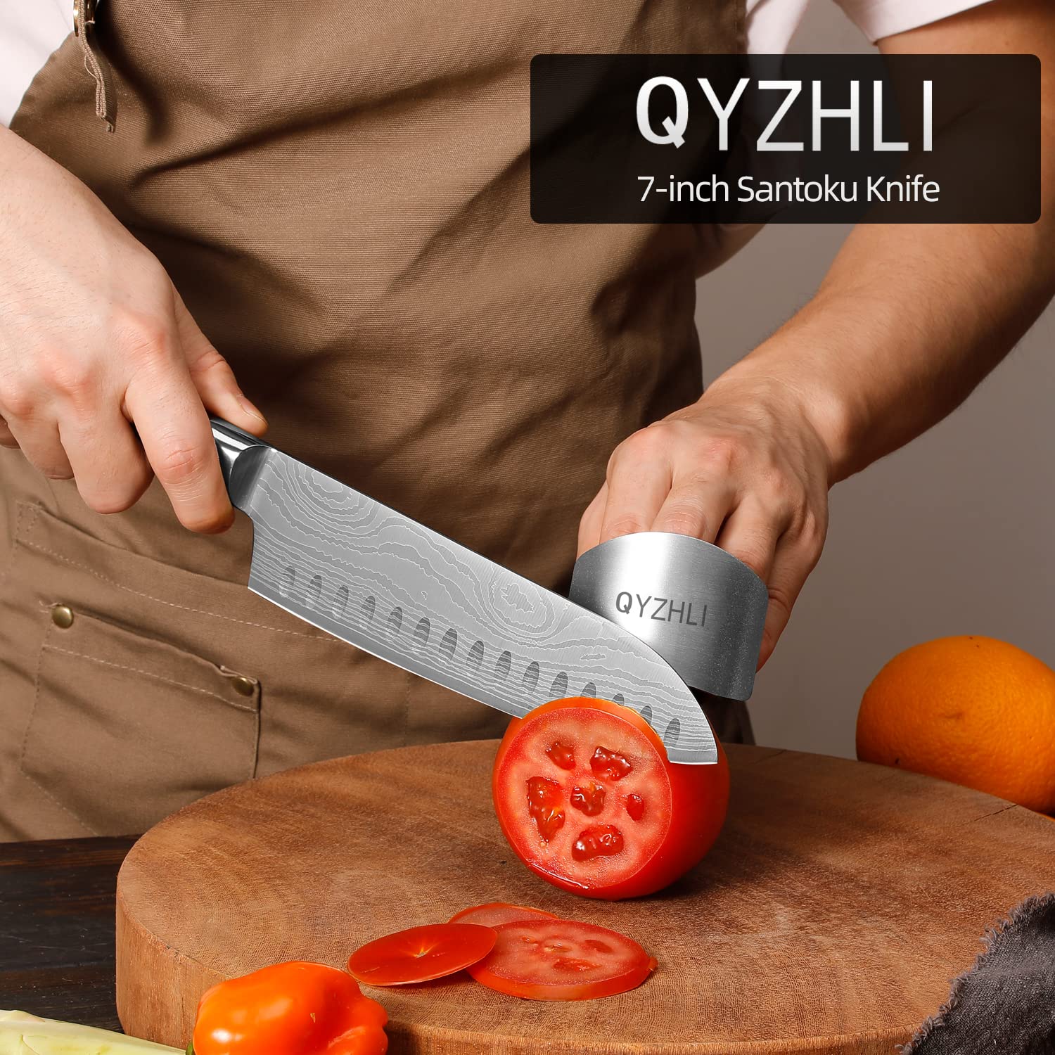 QYZHLI Chef Knife - 7 Inch Santoku Chefs Knife Kitchen Knife 5cr15mov Stainless Steel Laser Damascus,With Finger Protector
