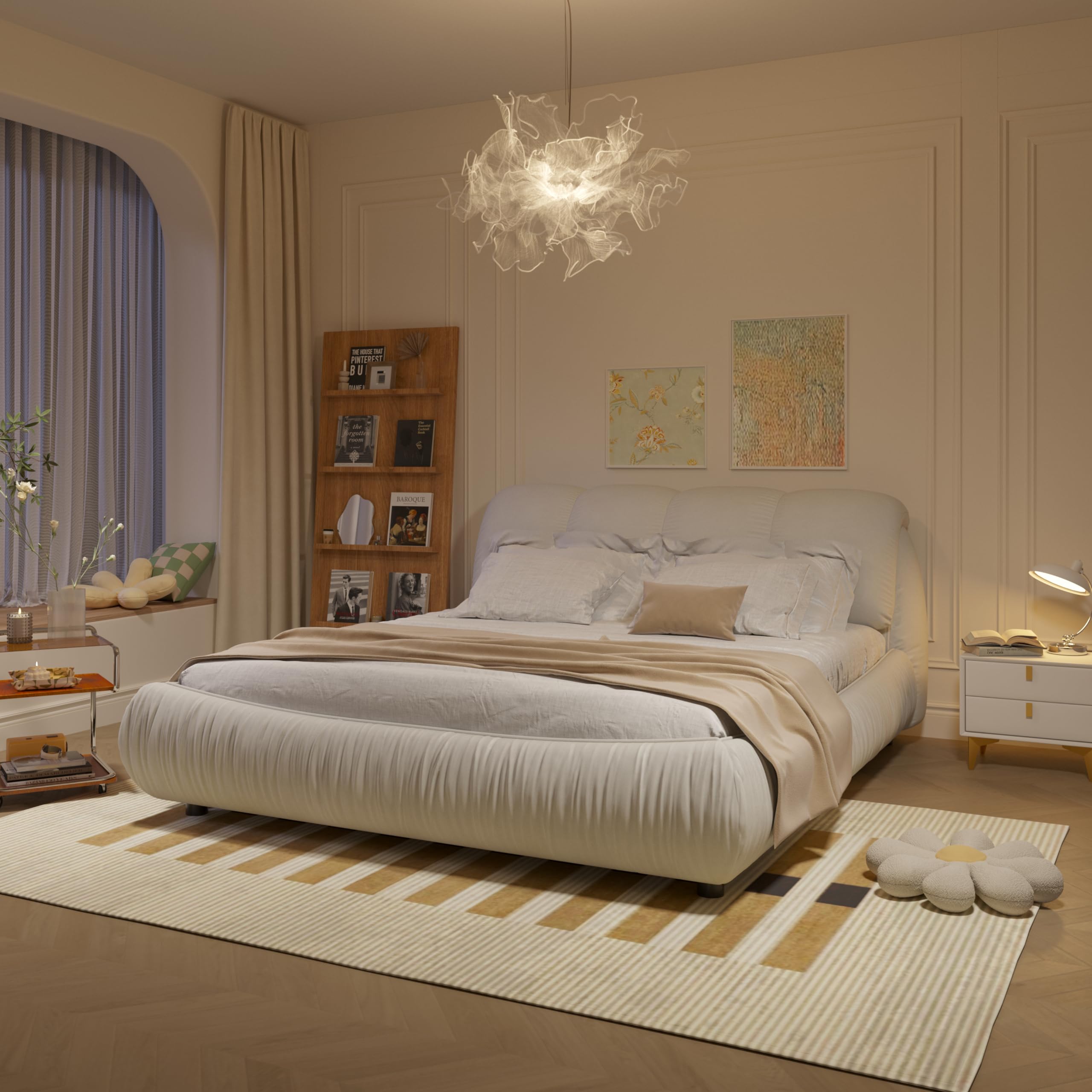 Yoglad Queen Size Contemporary Upholstered Bed, Oversized Padded Backrest Bed Frame, with Wooden Slats Support, No Box Spring Needed, Easy Assembly (Beige)