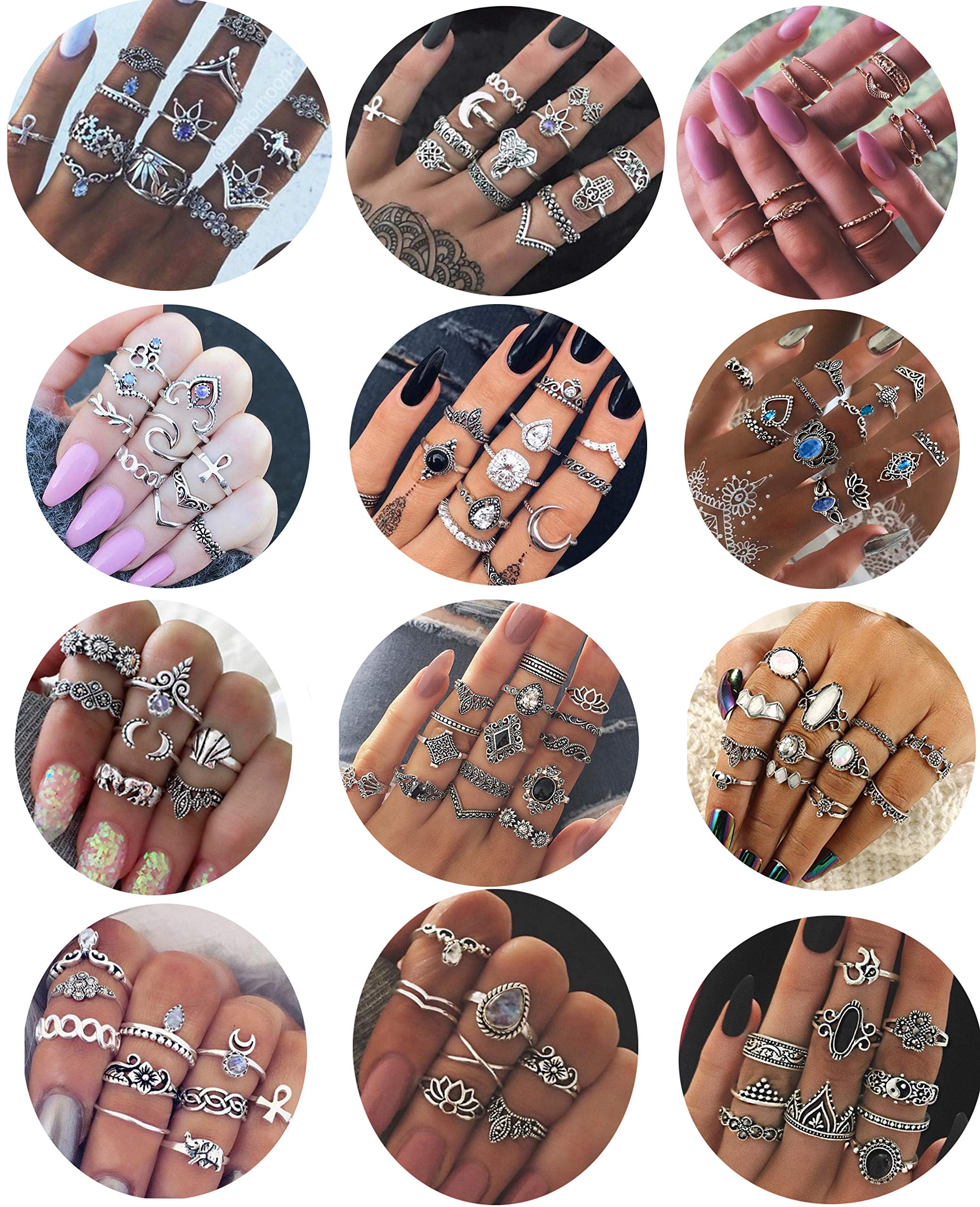 LOYALLOOK 132PCS Bohemia Knuckle Ring Set Women Hollow Silver Fashion Finger Rings Vintage Stackable Knuckle Midi Rings Set, Boho