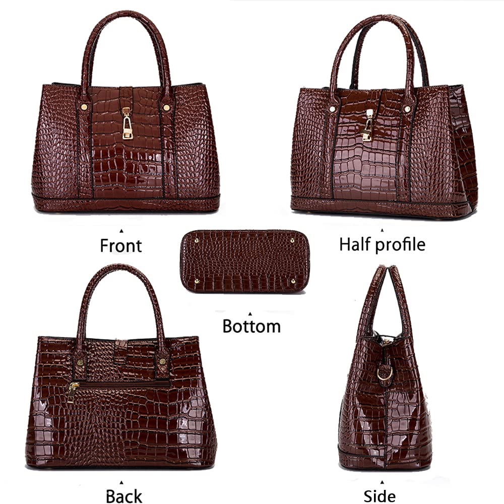 Retro Messenger Lock Bag Fashion Shoulder Handbags Three-piece Bags Crocodile Pattern Purses Female Top Handle Tote (Brown)