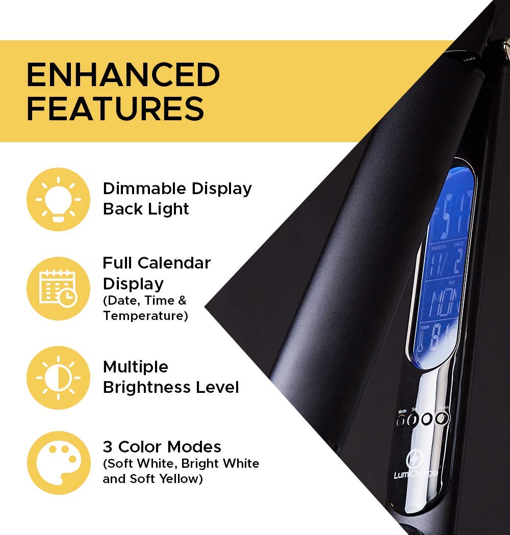 LumiCharge T2W- LED Desk Lamp,Bluetooth Speaker, Desk Lamp with Wireless Charger Compatible with iPhone, USB Charging Port, Table Lamp with Clock, Date, Temperature, Bedside lamp for Home Office