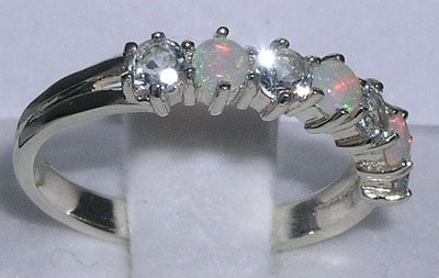 LetsBuyGold 14k White Gold Natural Opal & Aquamarine Womans Eternity Ring - Size 4.25