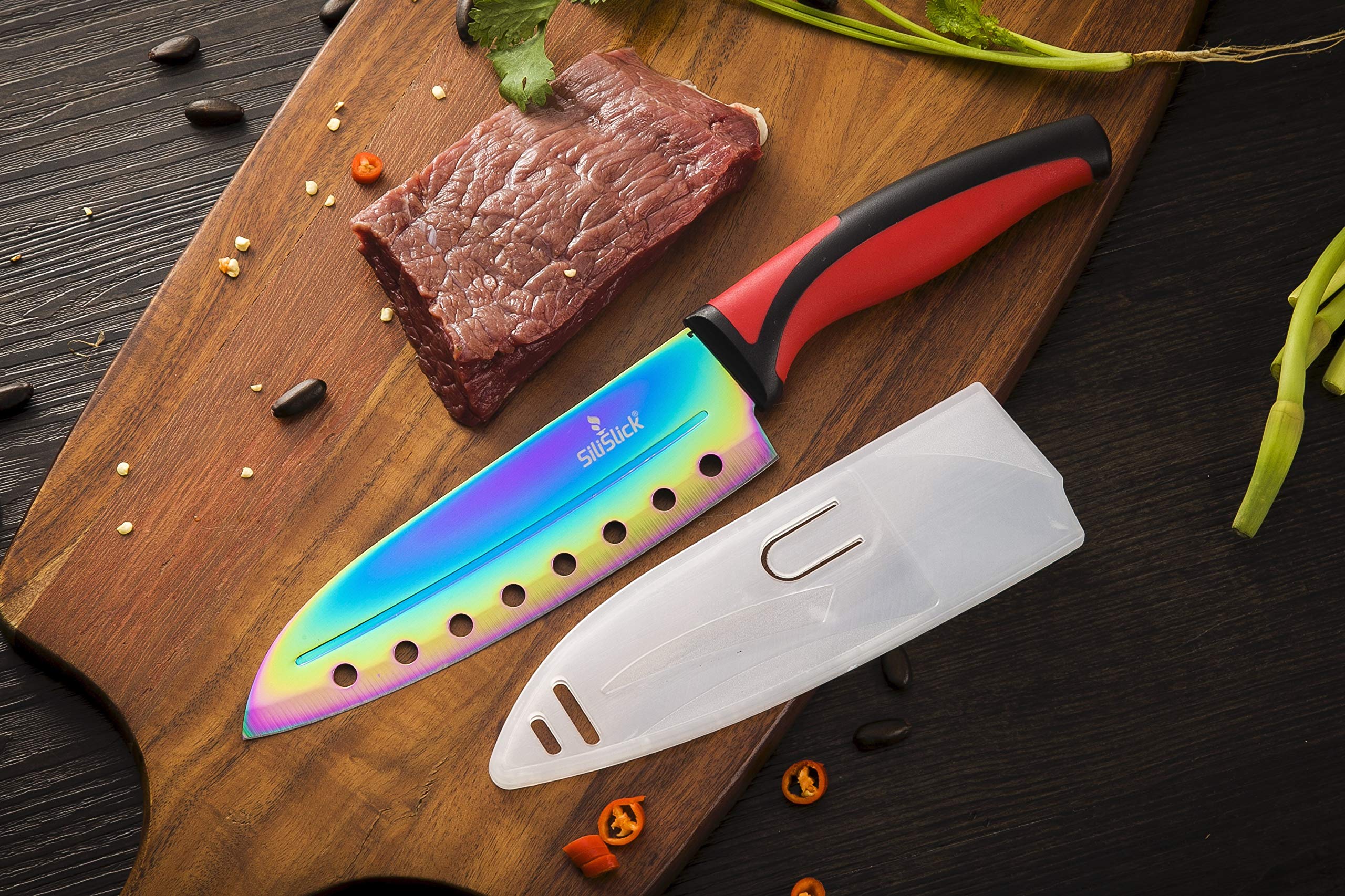 SiliSlick Kitchen Knife Set Professional, Titanium Coated Stainless Steel Blades, Dishwasher Safe, Safety Sheaths, 5 Knives