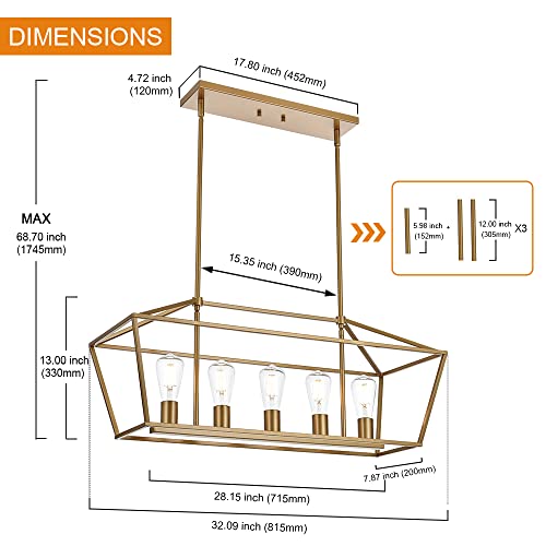 VINLUZ 5 Light Modern Kitchen Island Light in Gold Finish,Industrial Hanging Pendant Lighting Fixture with Metal Frame Linear Lantern Chandelier for Dining Room Foyer Cafe Bar